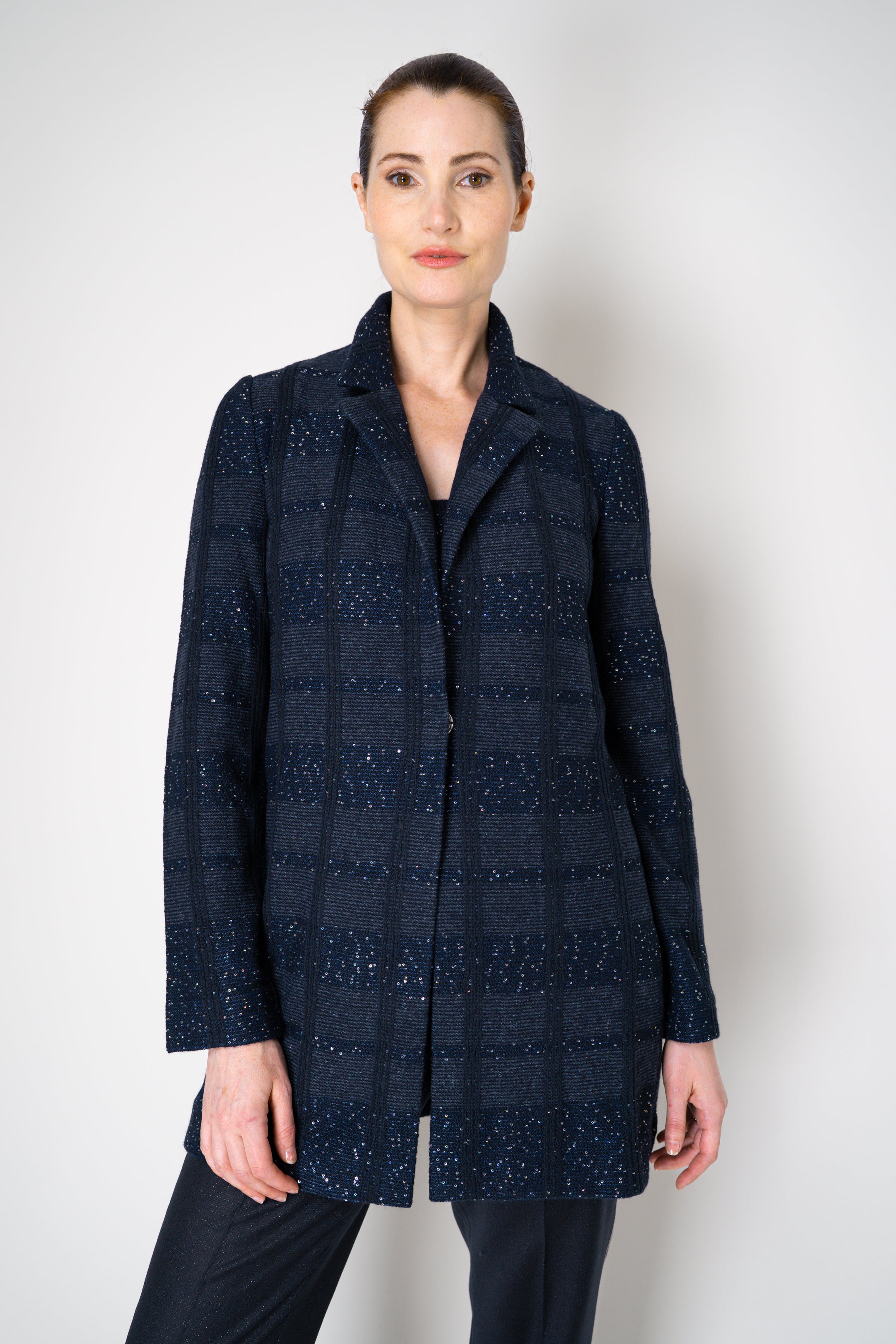 Amina Rubinacci Knit Tweed Sequin Embellished Blazer Jacket in Navy – Ashia Mode
