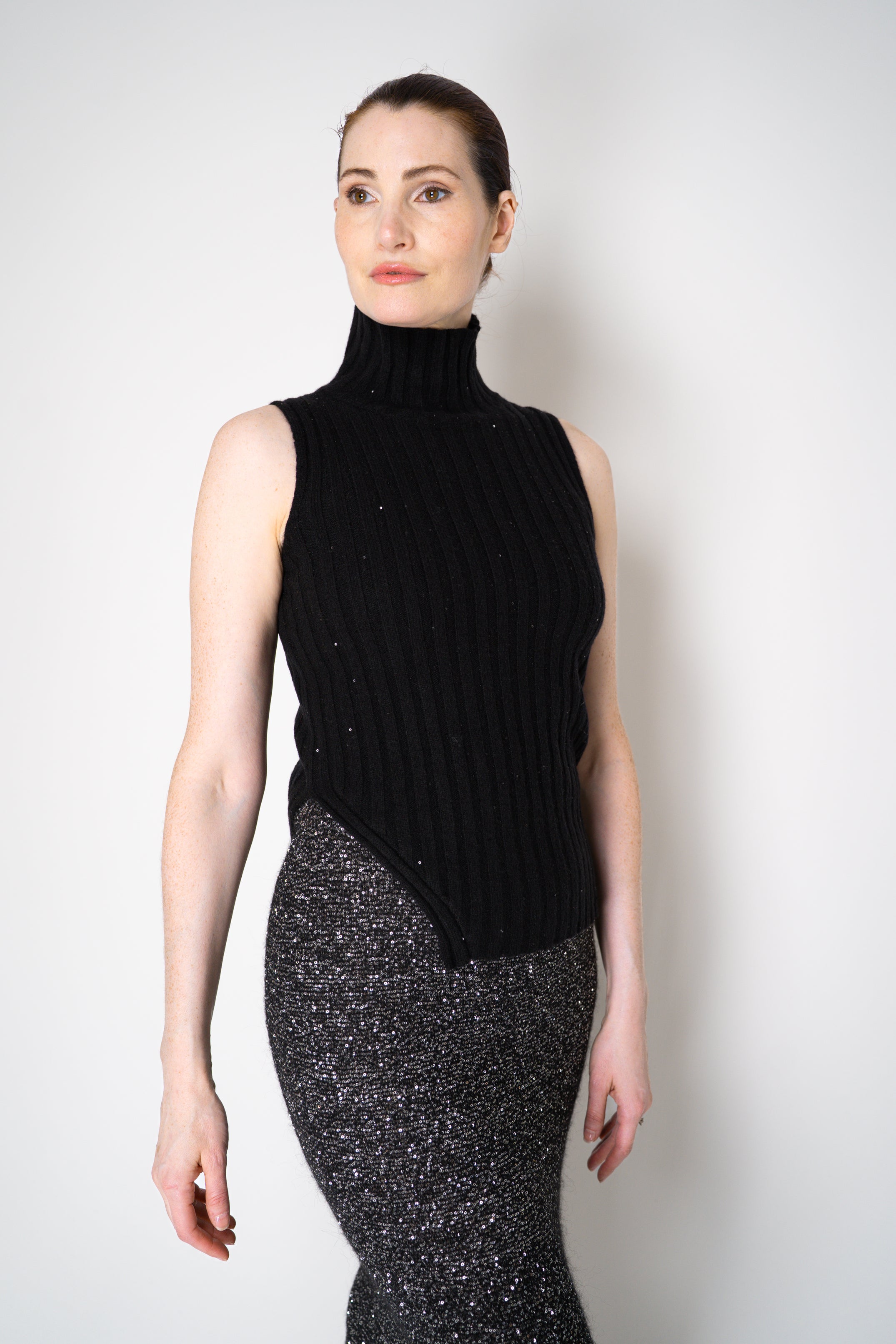 Amina Rubinacci Sequin Knit Turtleneck with Hip Cut-Out in Black ...