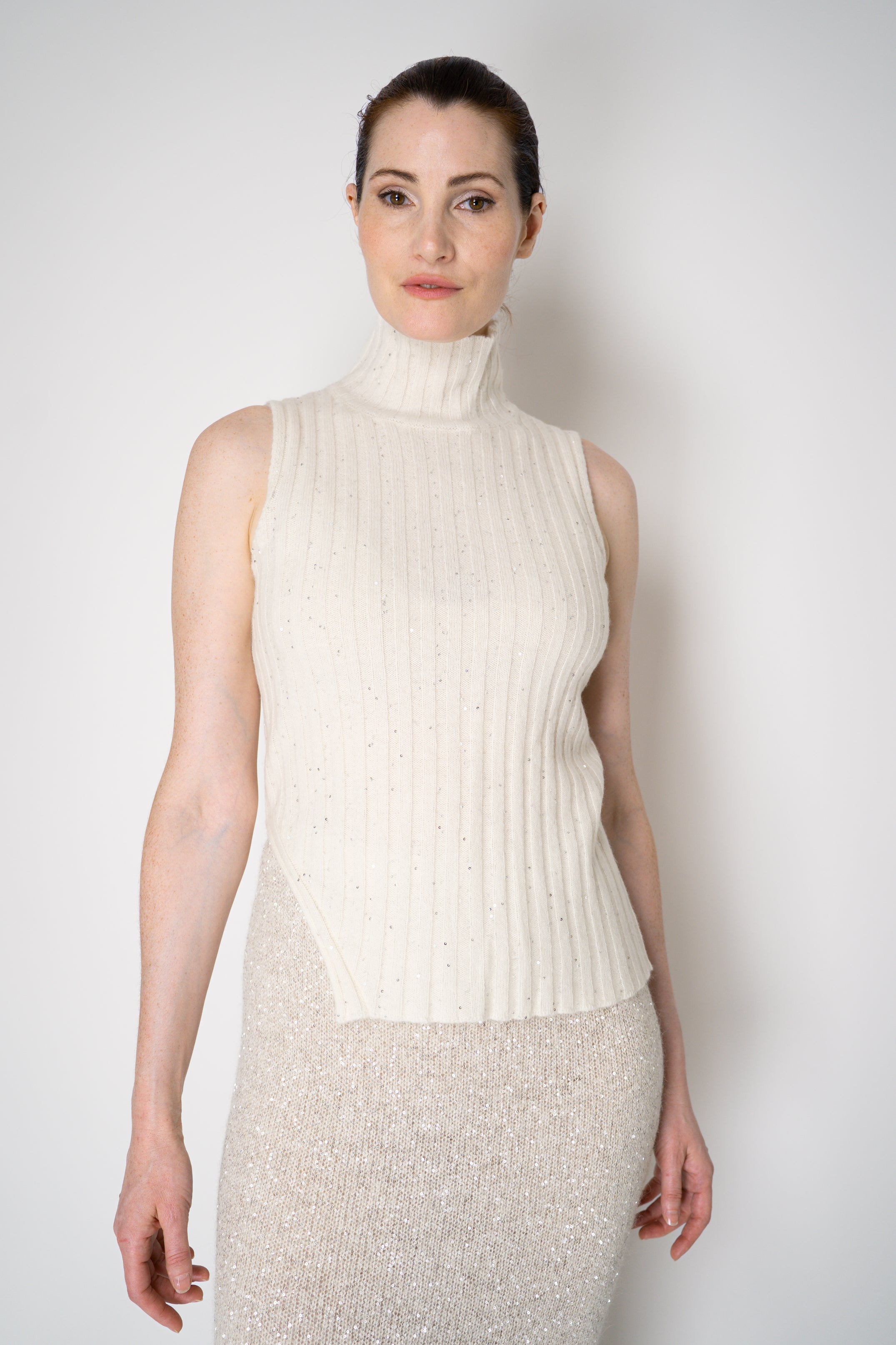 Amina Rubinacci Sequin Knit Turtleneck with Hip Cut-Out in Off-White ...