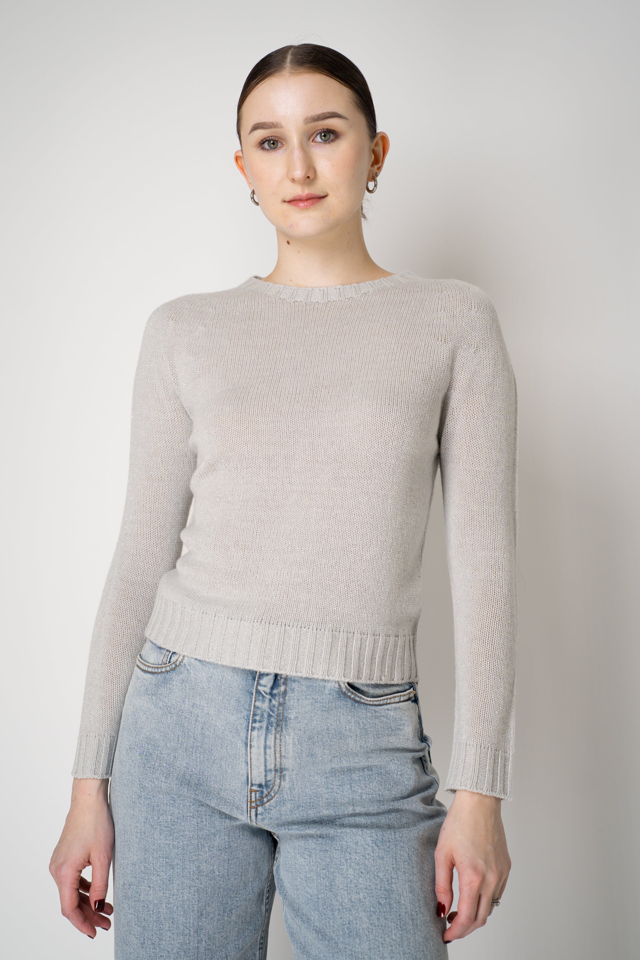 Fabiana Filippi Wool Cashmere Lurex Crew Neck Sweater in Platinum Silv ...