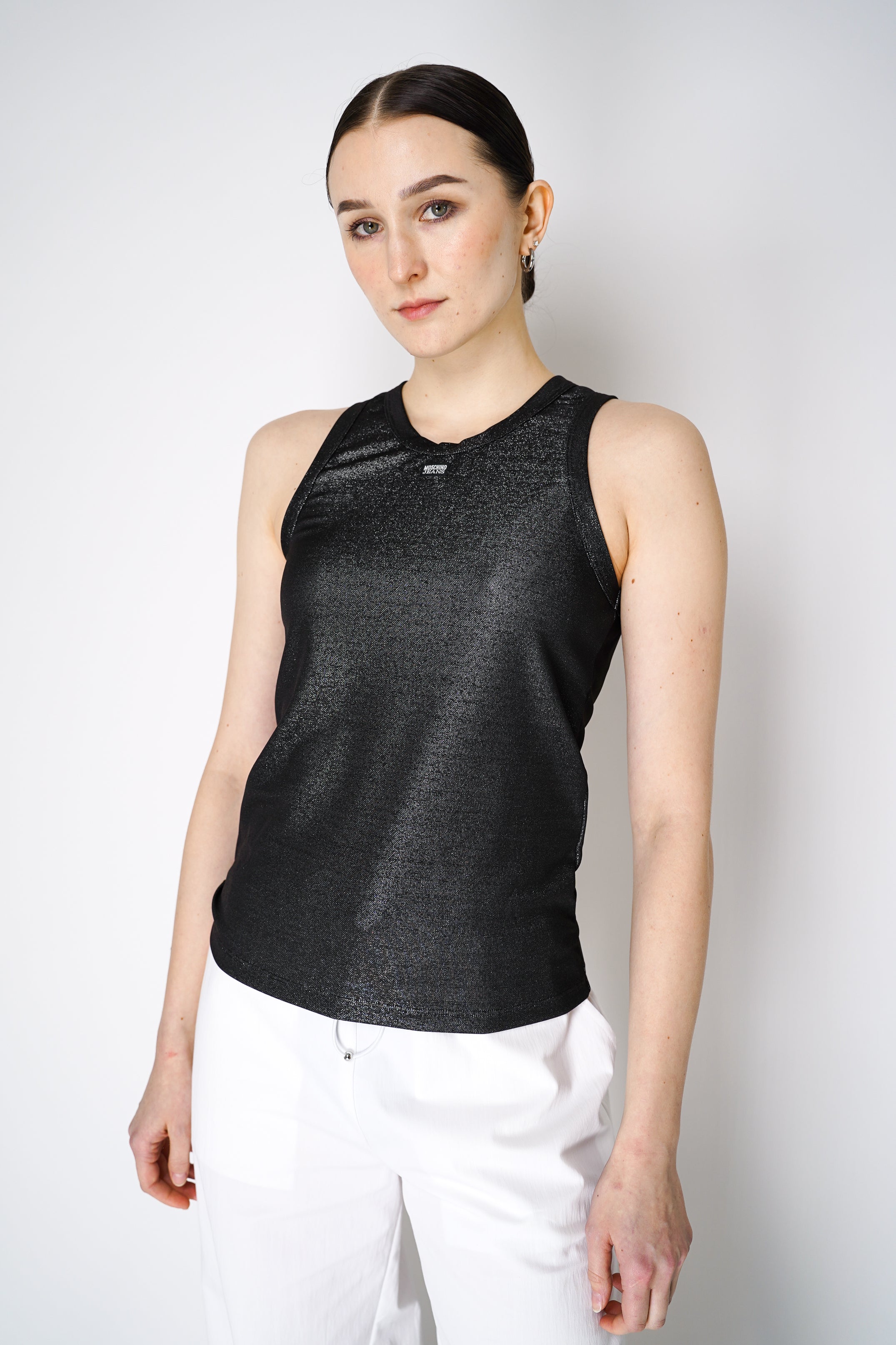 Moschino Jeans Fitted Glitter Tank Top in Black – Ashia Mode