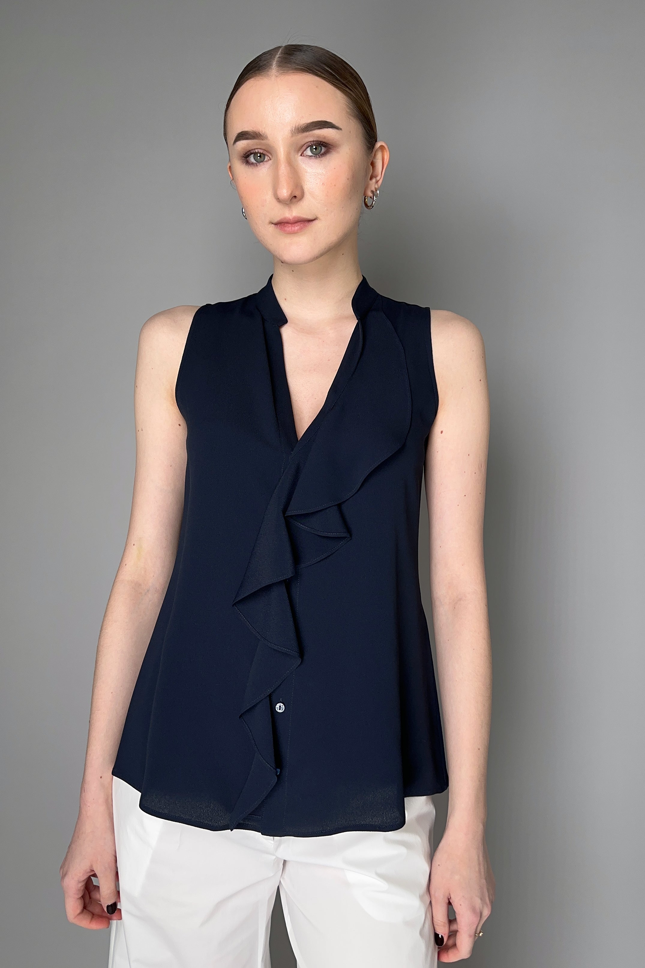 Antonelli Botticelli Ruffled Sleeveless Blouse in Navy – Ashia Mode