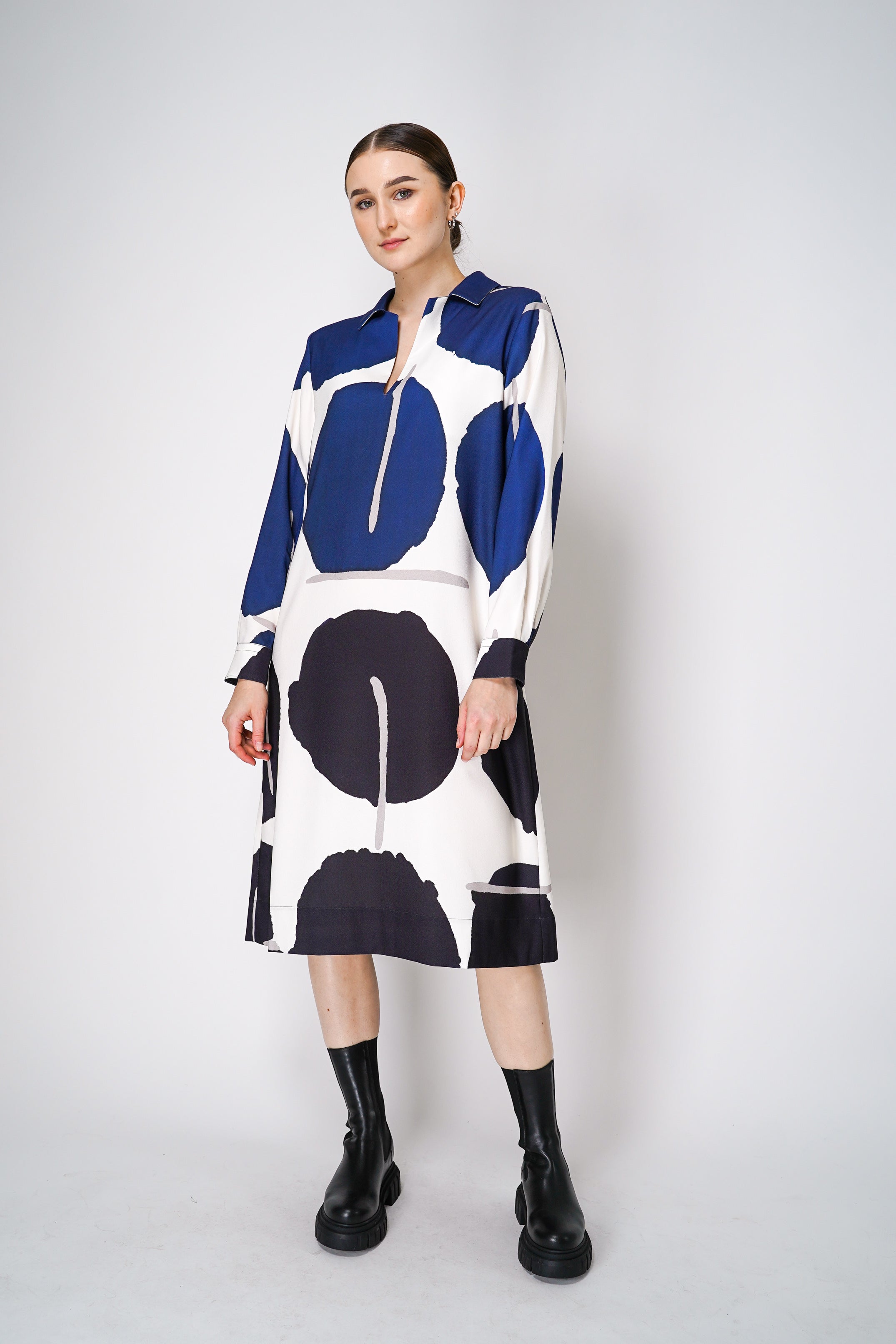 Sara Roka Crepe Polkadot Dress with Open V-neck in Navy and Cream ...